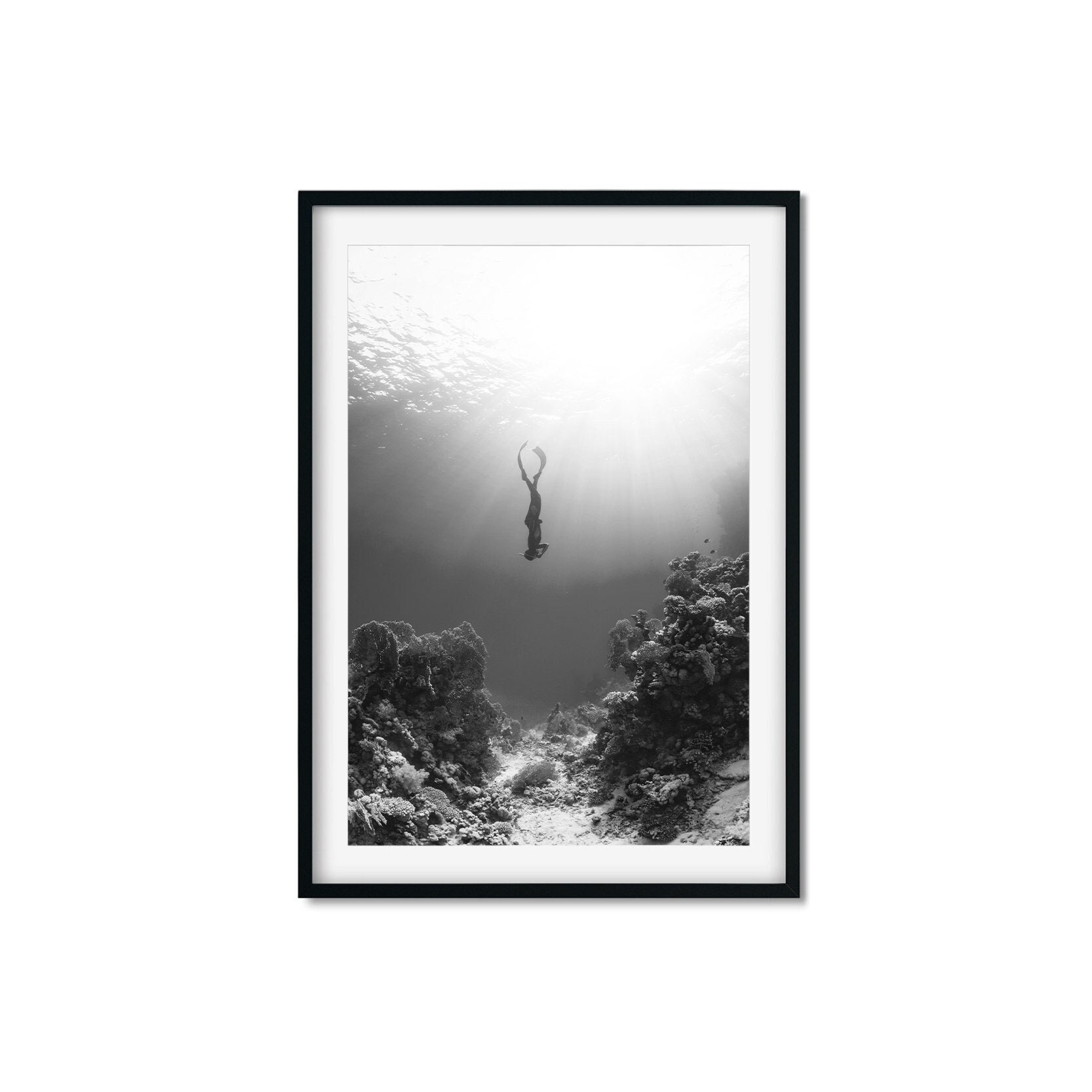 Scuba Diver Underwater Print, Diving Black and White Wall Art ...