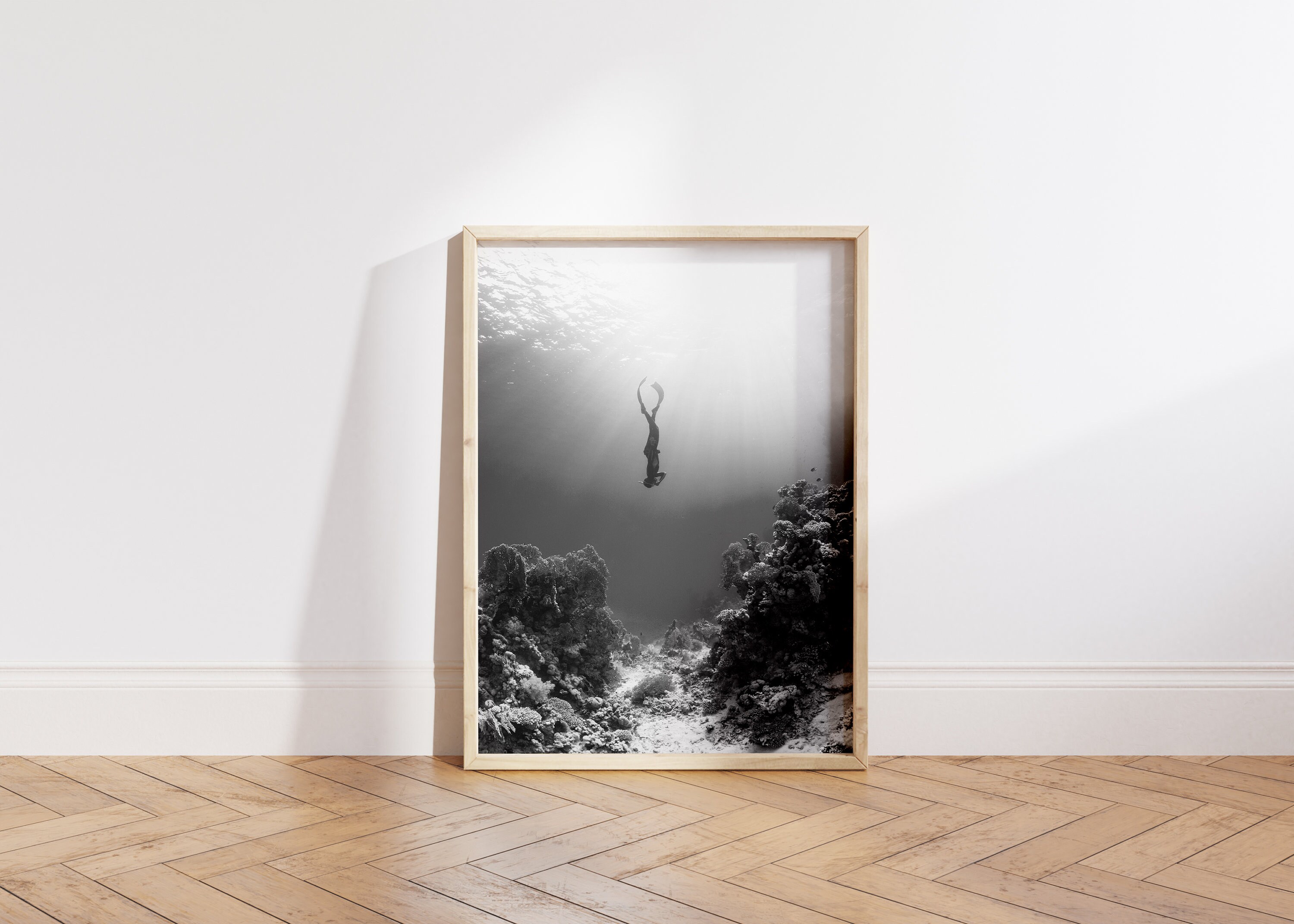 Scuba Diver Underwater Print, Diving Black and White Wall Art ...