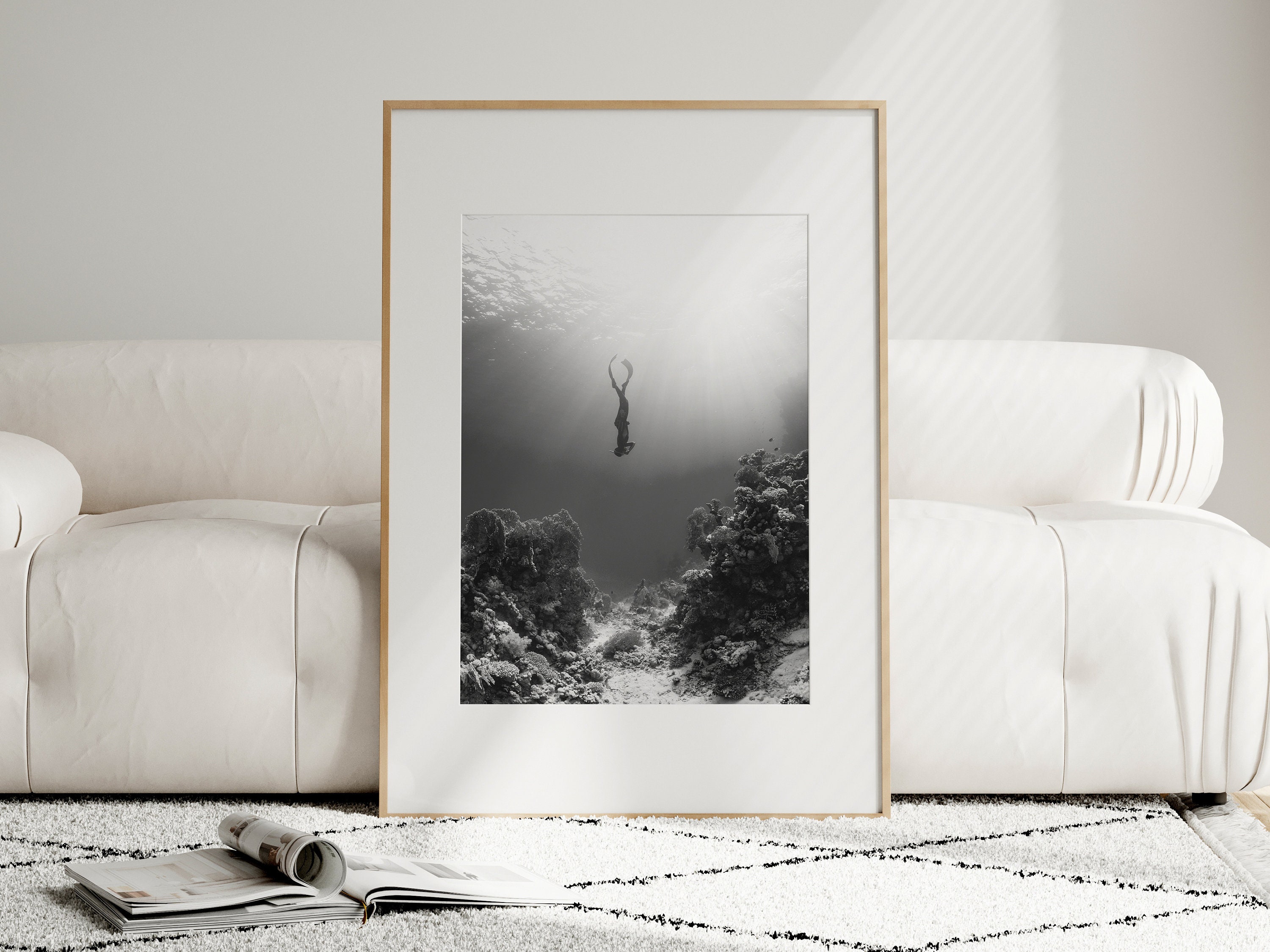 Scuba Diver Underwater Print, Diving Black and White Wall Art ...