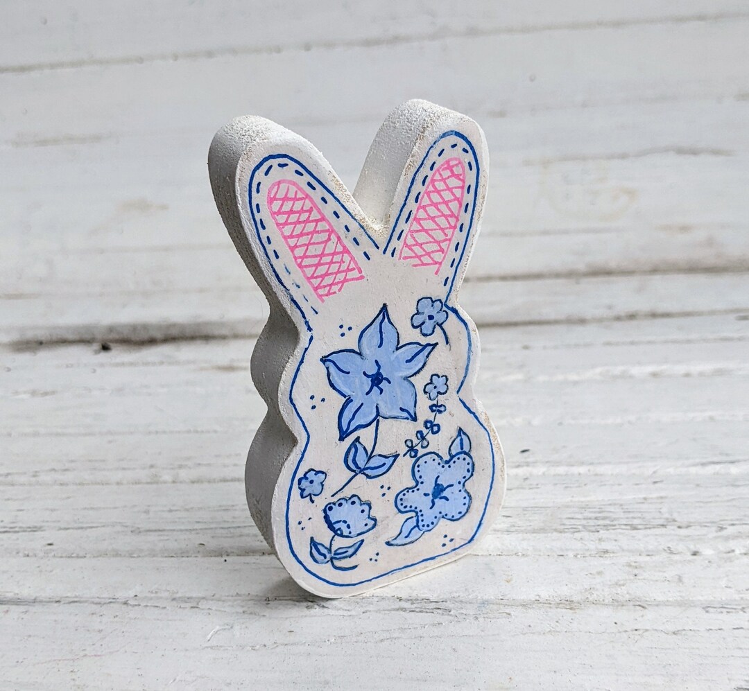 Bunny Rabbit Block Art, Chinoiserie Inspired, Blue White Decor, Tiered ...