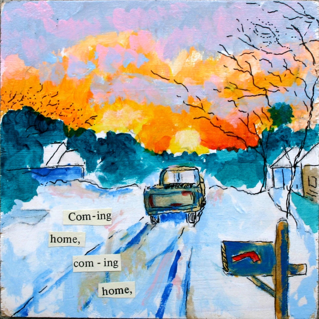 Coming Home 8"x8" PRINT of My Original Mixed Media Sunset Snow Street ...