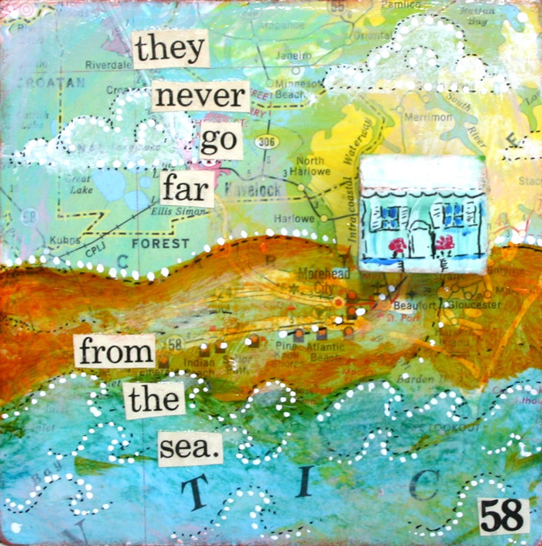 Mixed Media Map Art Beach House Cottage Ocean Painting PRINT 8x8 ...