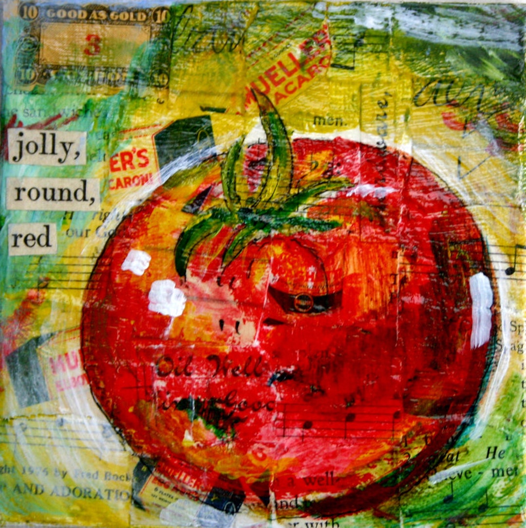 Mixed Media Collage TOMATO Painting PRINT 8"x8" Kitchen Wall Art ...