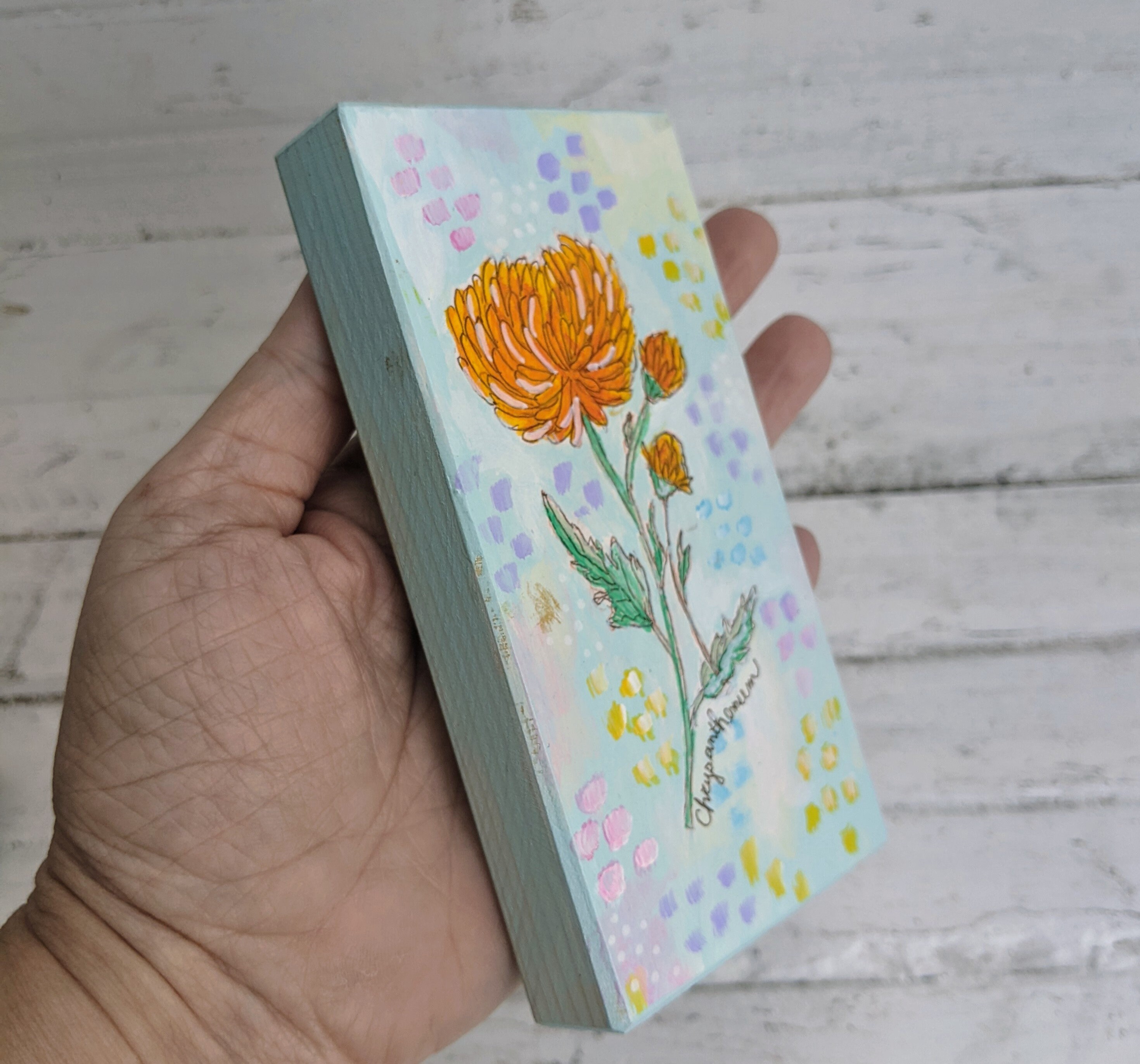 Original Botanical Illustration Painting Chrysanthemum Mini Block Art ...