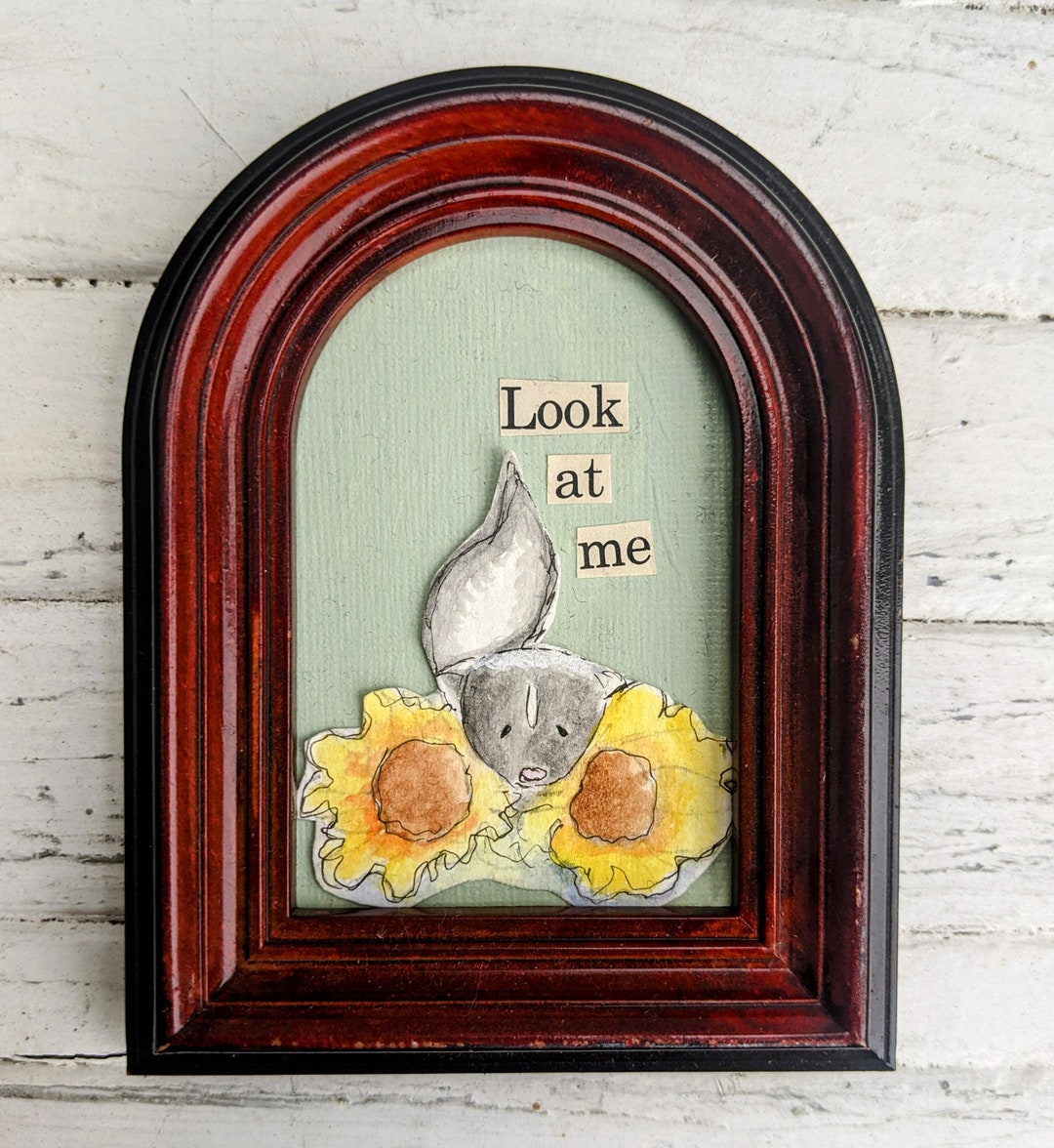 Mini Framed Skunk Sunflower Watercolor Painting Collage Art, Tiny Art ...