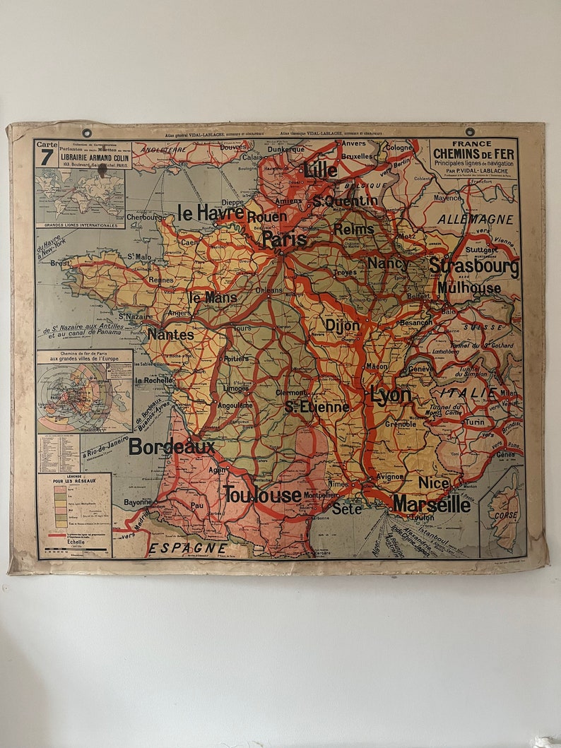Old Colin Wall Map School France Railways 7 - Etsy Australia
