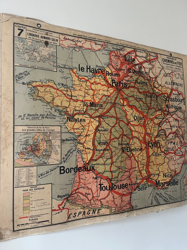 Old Colin Wall Map School France Railways 7 - Etsy Australia