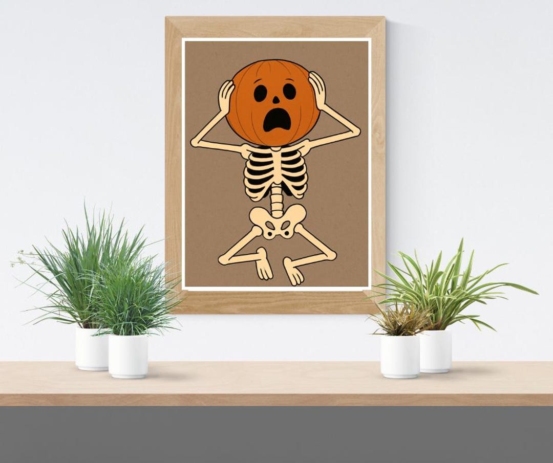 Scared Skeleton Pumpkin Head Halloween Art Print | Spooky Wall Decor ...