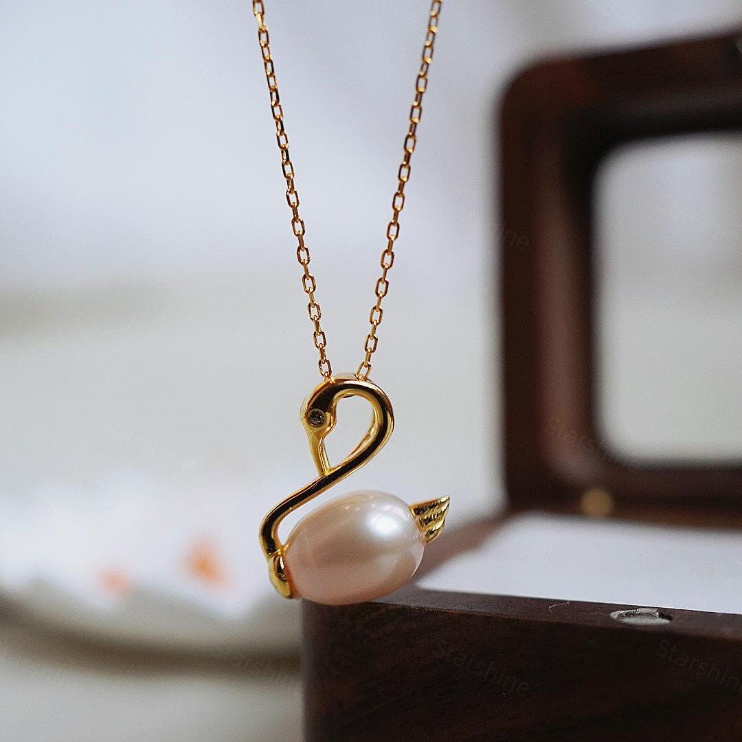 Dainty Swan Pearl Necklace, Natural Freshwater Pearl Sterling Silver ...