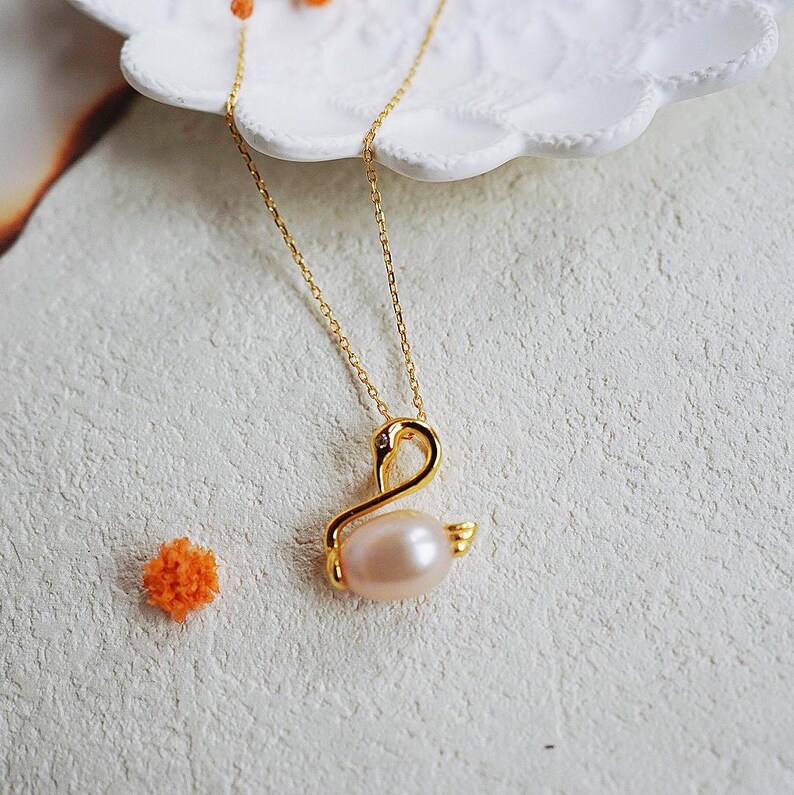 Dainty Swan Pearl Necklace | 14K Gold Charm on 925 Silver | Freshwater ...