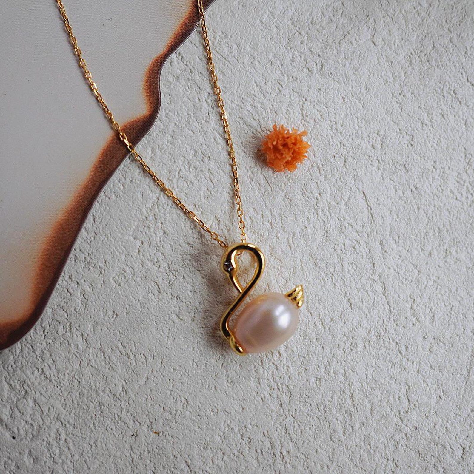 Dainty Swan Pearl Necklace | 14K Gold Charm on 925 Silver | Freshwater ...