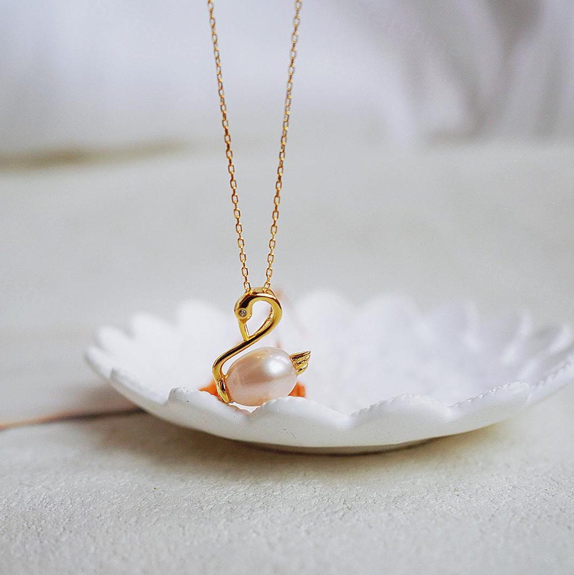 Dainty Swan Pearl Necklace | 14K Gold Charm on 925 Silver | Freshwater ...