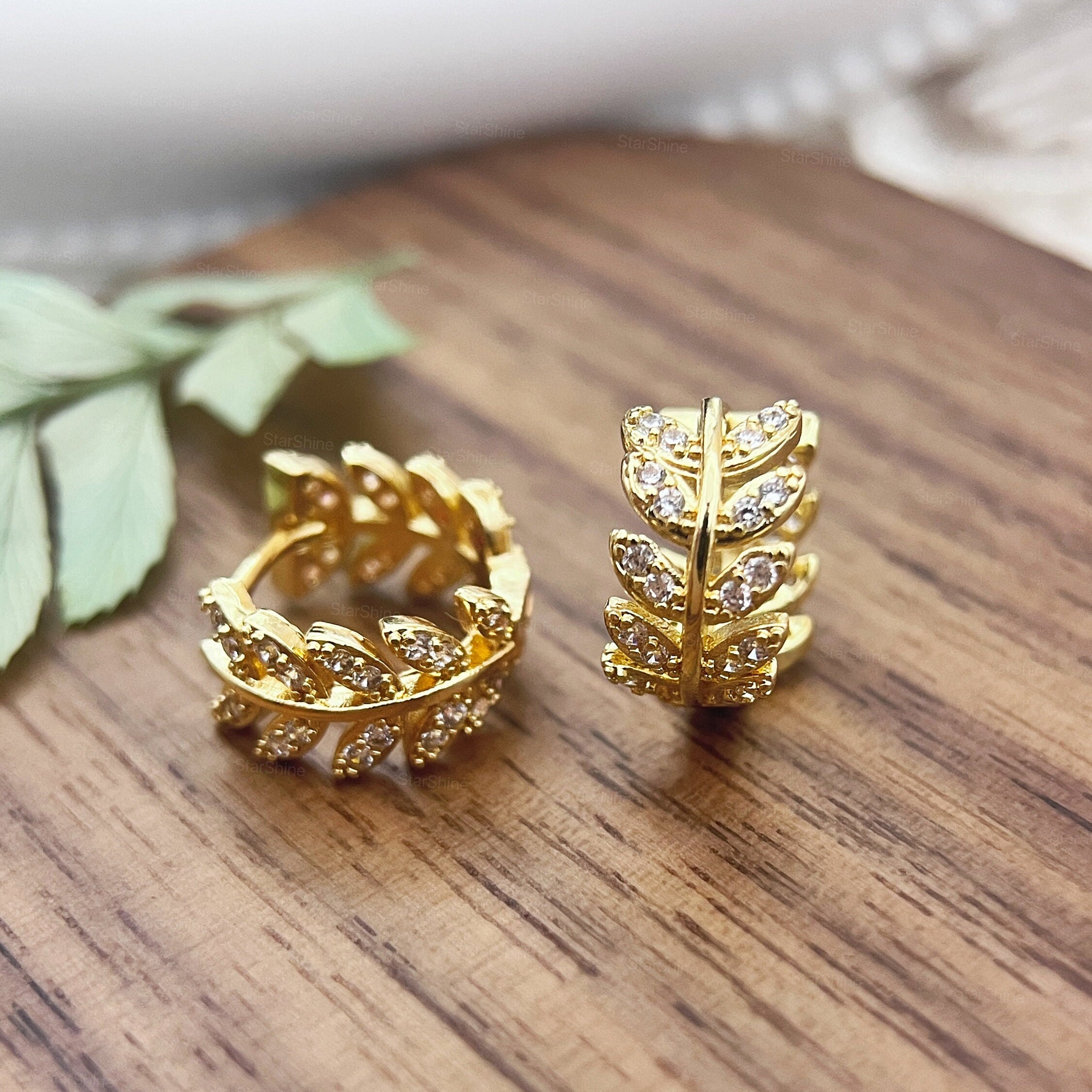 Dainty Olive Leaves Hoop Earrings in 18K Gold, Huggie Hoops Earrings, Minimalist Leaf Hoops ...