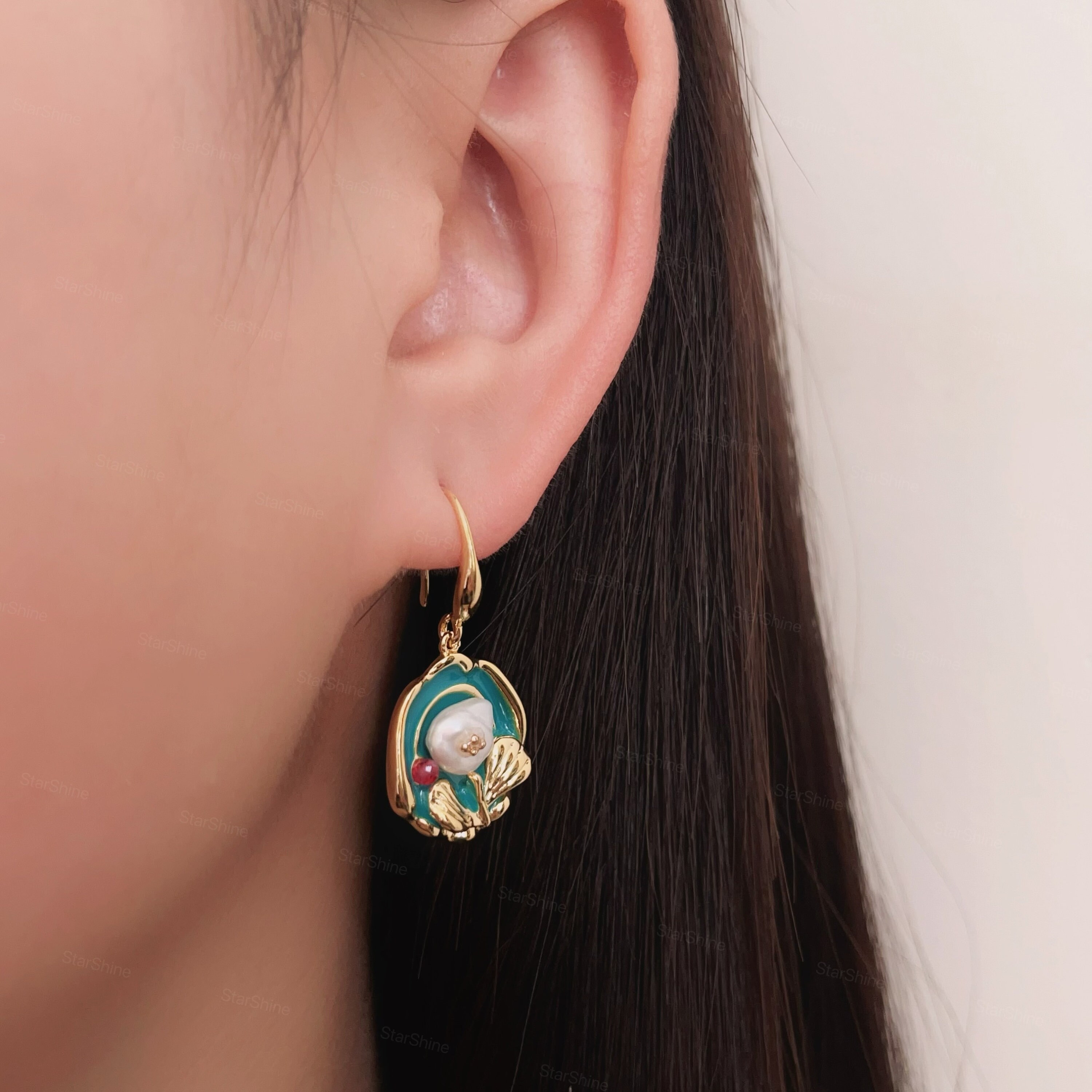 Vintage Enamel Pearl Flower Hook Earrings, Delicate Enamel Dangle Hook ...