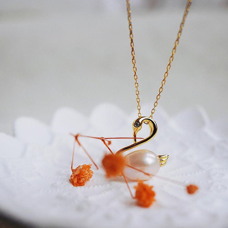 Dainty Swan Pearl Necklace | 14K Gold Charm on 925 Silver | Freshwater ...