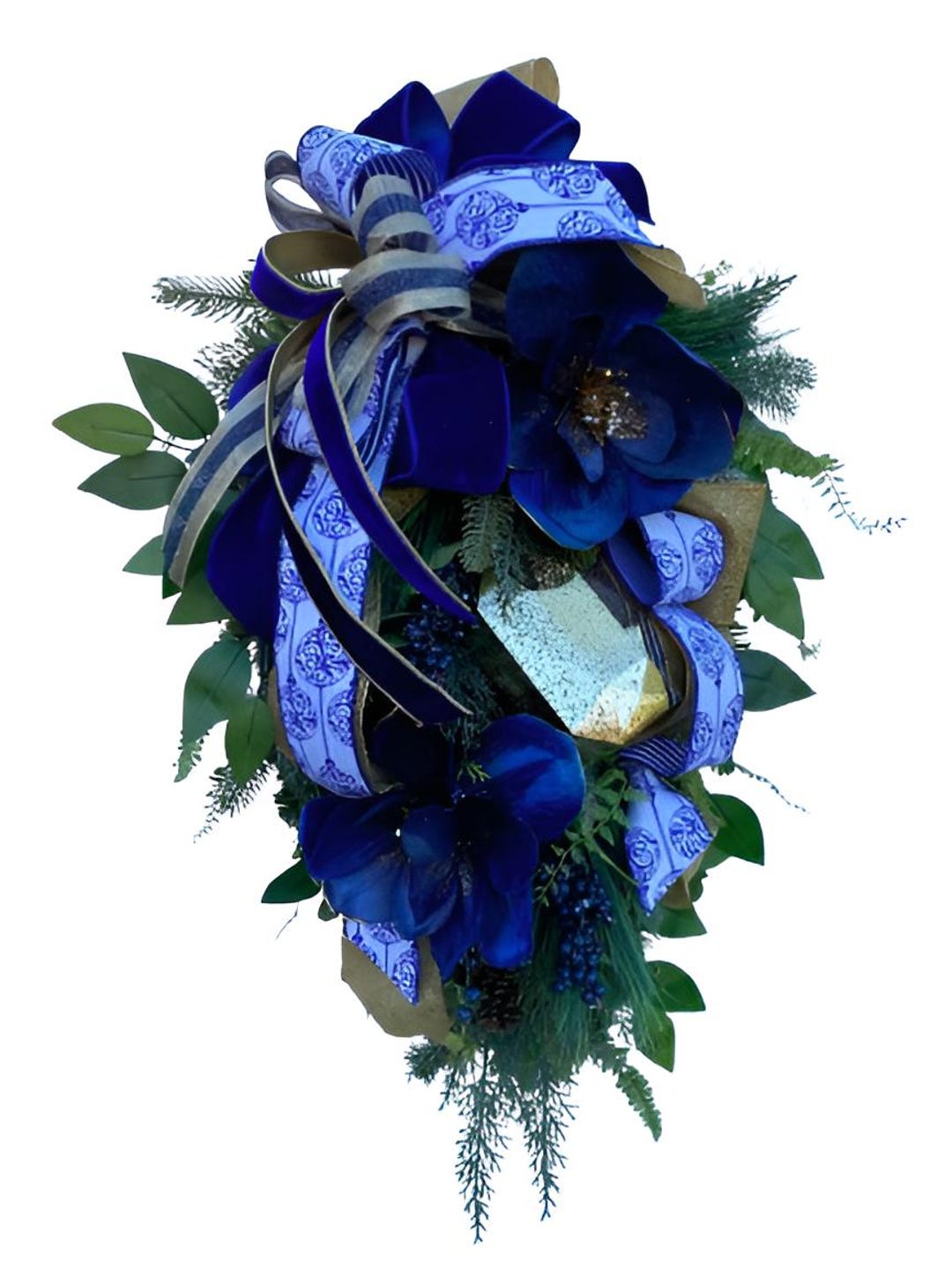 Elegant Blue and Gold Door Swag, Magnolias,gems, Georgeous Ribbons ...