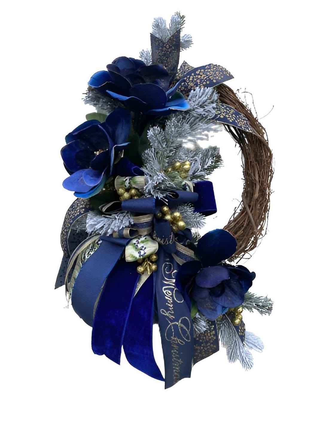 Elegant Blue and Gold Christmas Wreath Handcrafted Holiday Door ...