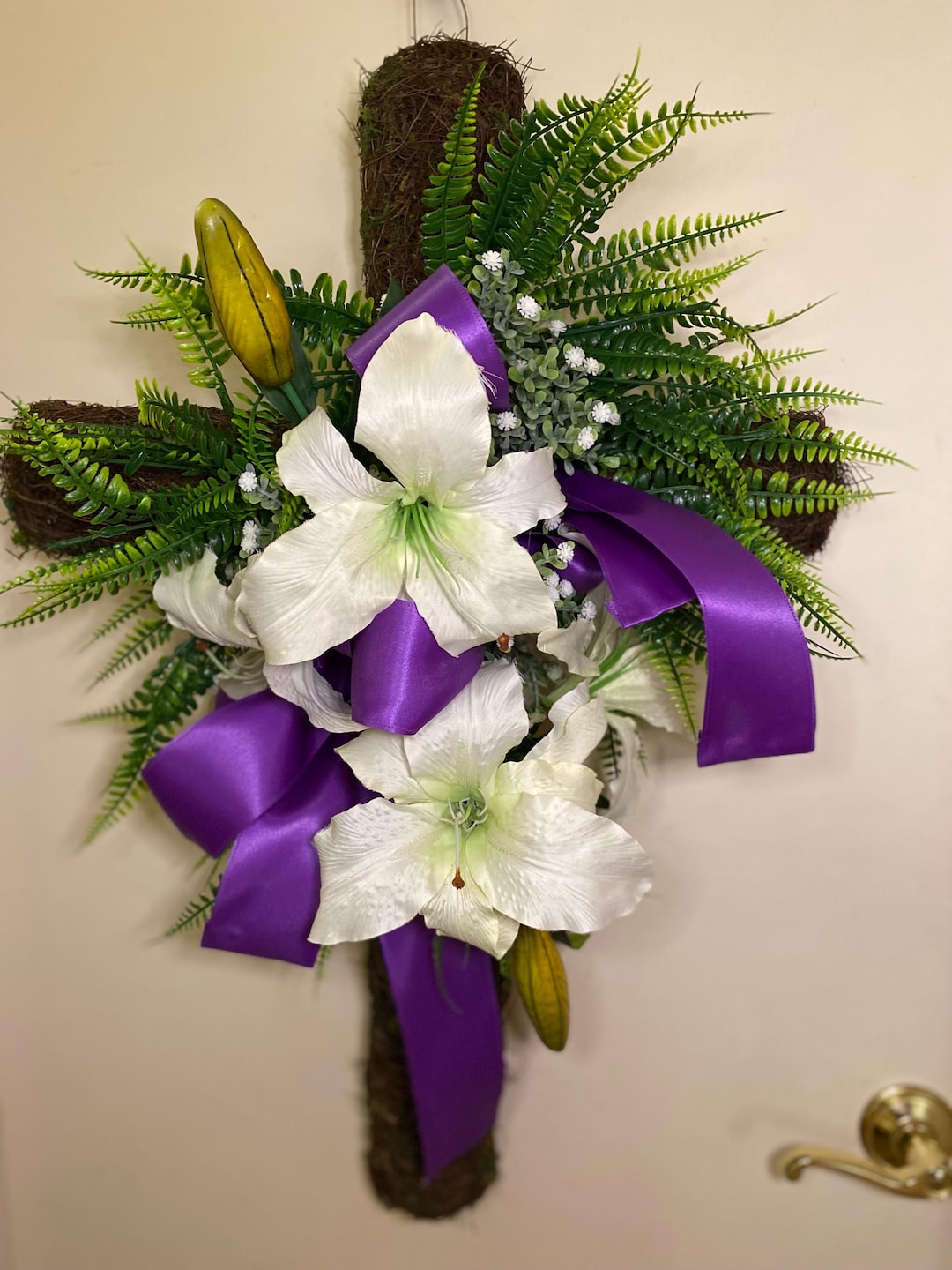 Elegant Floral Cross Decoration With White Lilies and Purple Ribbon ...