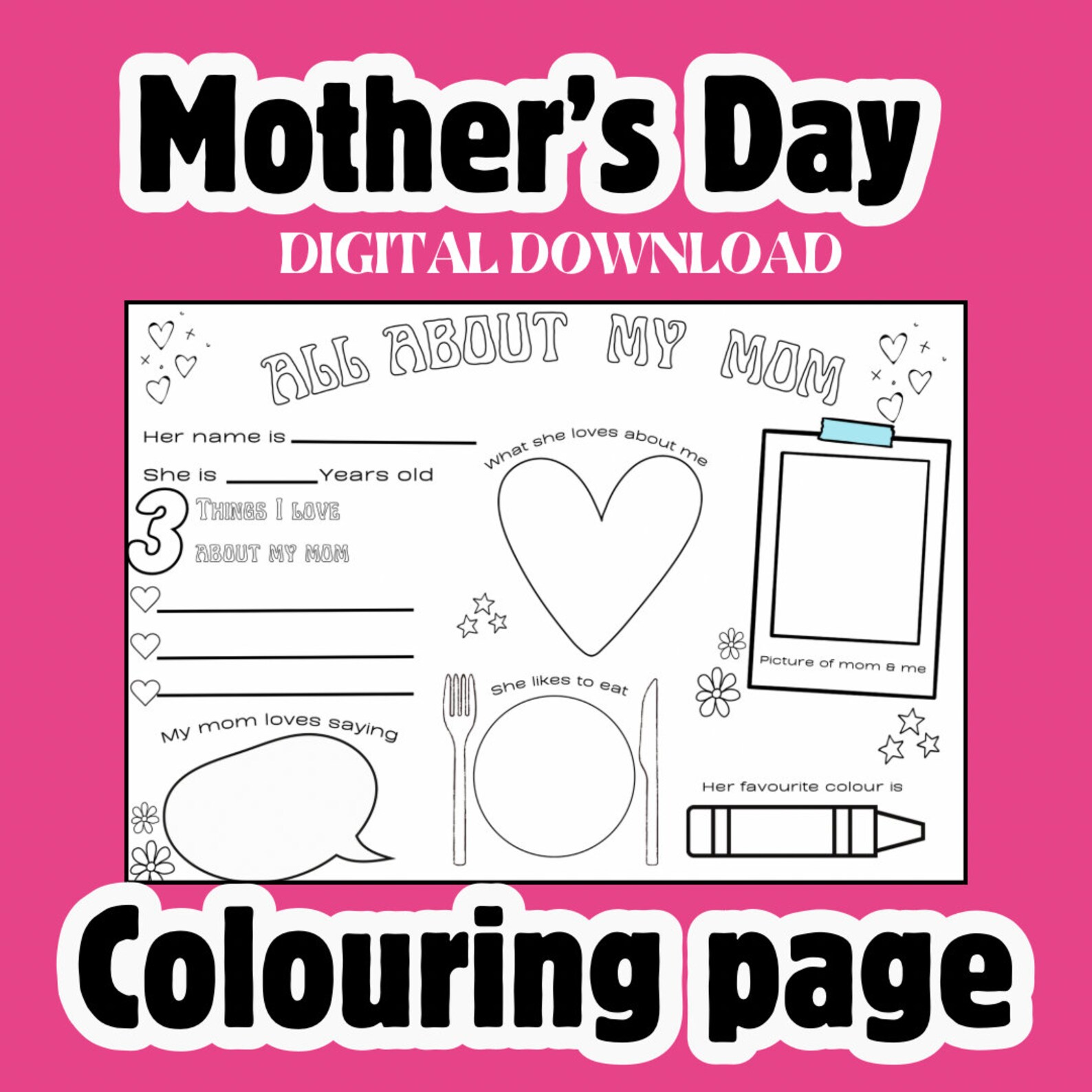 Mother's Day Printable, All About My Mom, Mothers Day Gift, Card for ...