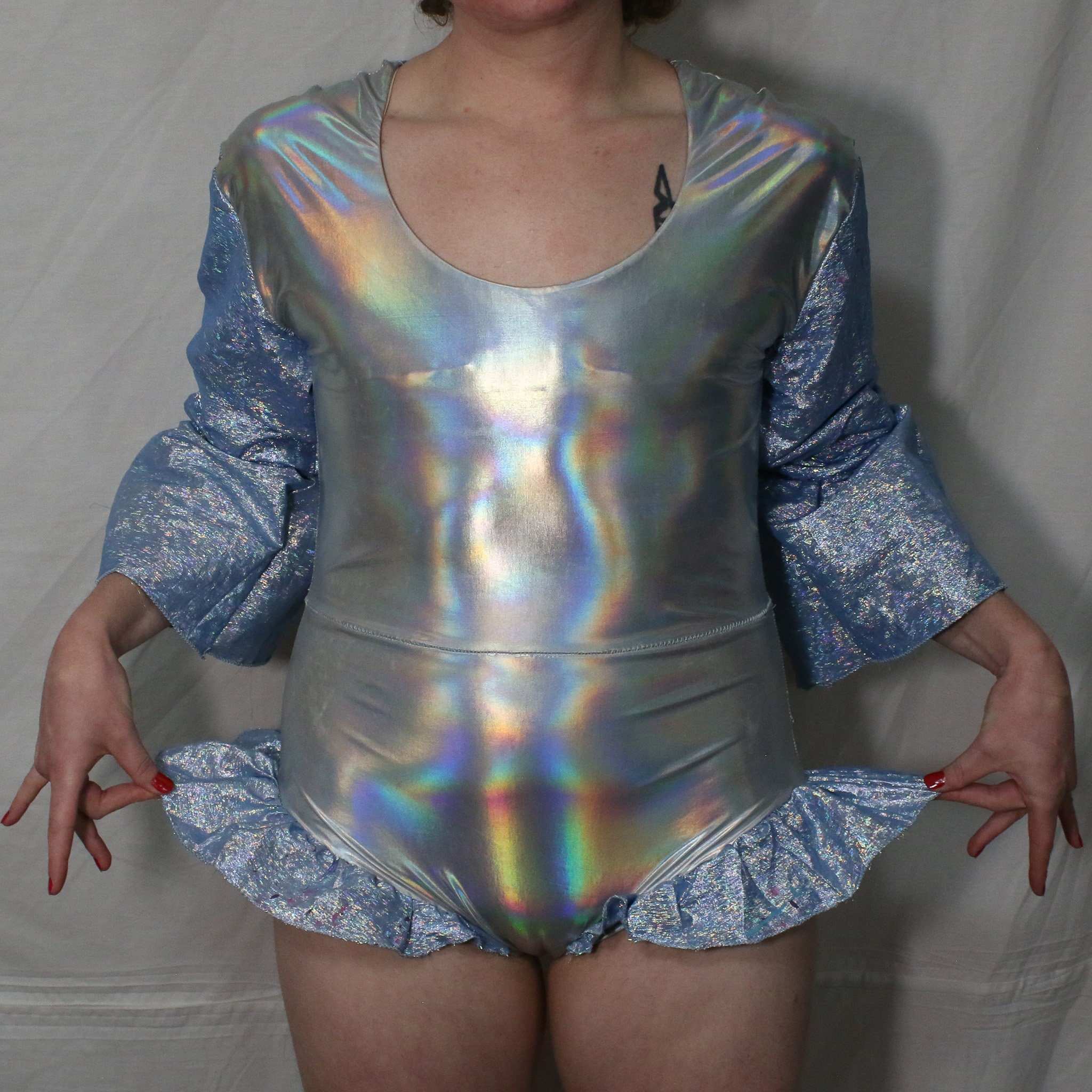Rainbow Holographic Leotard With Blue Ruffle Sleeve - Etsy