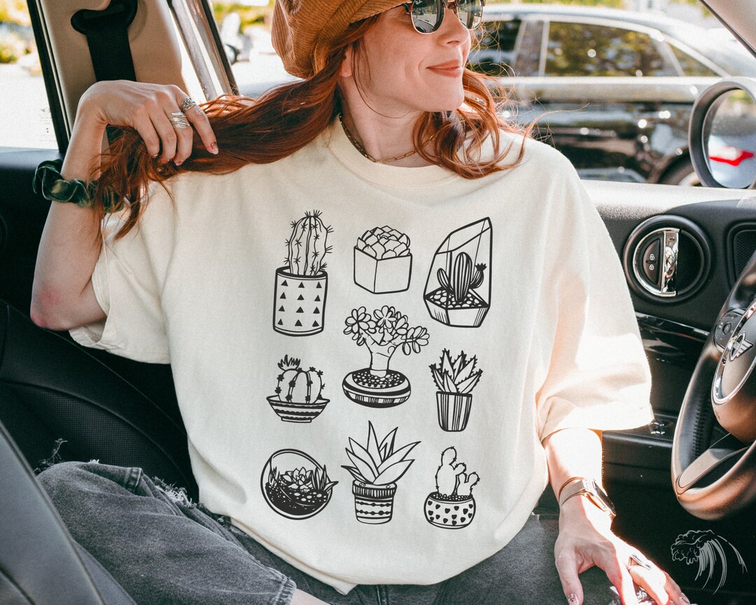 Succulent Plants T-shirt, Home Flower Pots T-shirt, Doodle Plant Lover ...