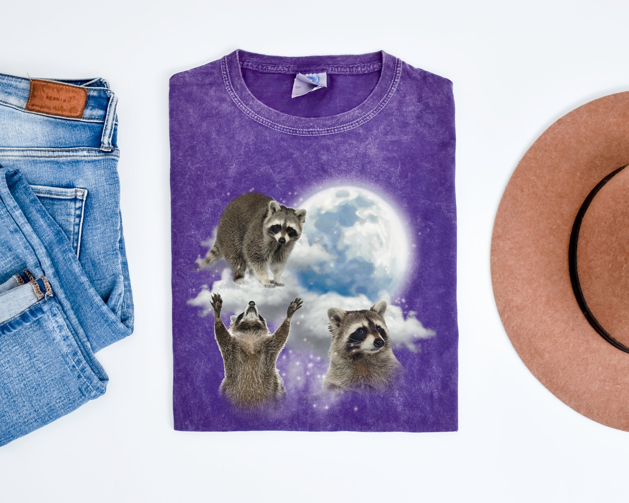 Raccoon and Full Moon Colortone T-shirt, Funny Raccoon T-shirt, Raccoon ...