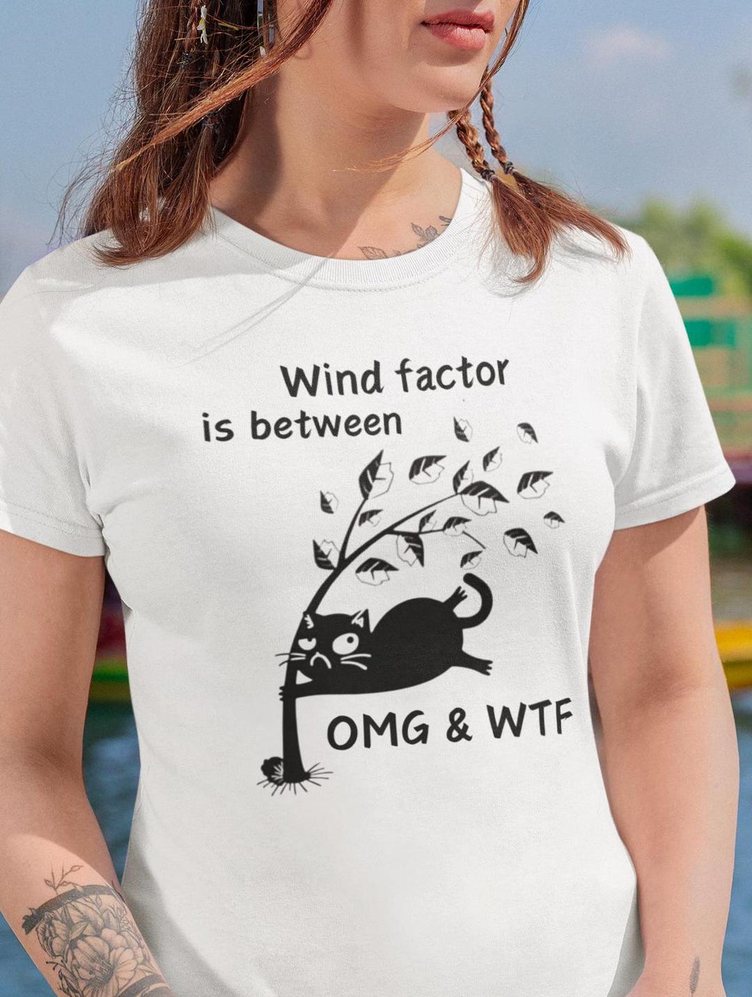 Funny Cat Wind Factor Humor T-shirt | Funny Weather Shirt | Windy ...
