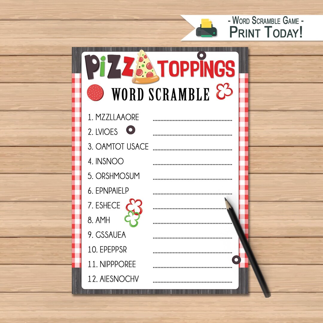 Pizza Toppings Word Scramble Game Pizza Birthday Party Pizza Party Game ...