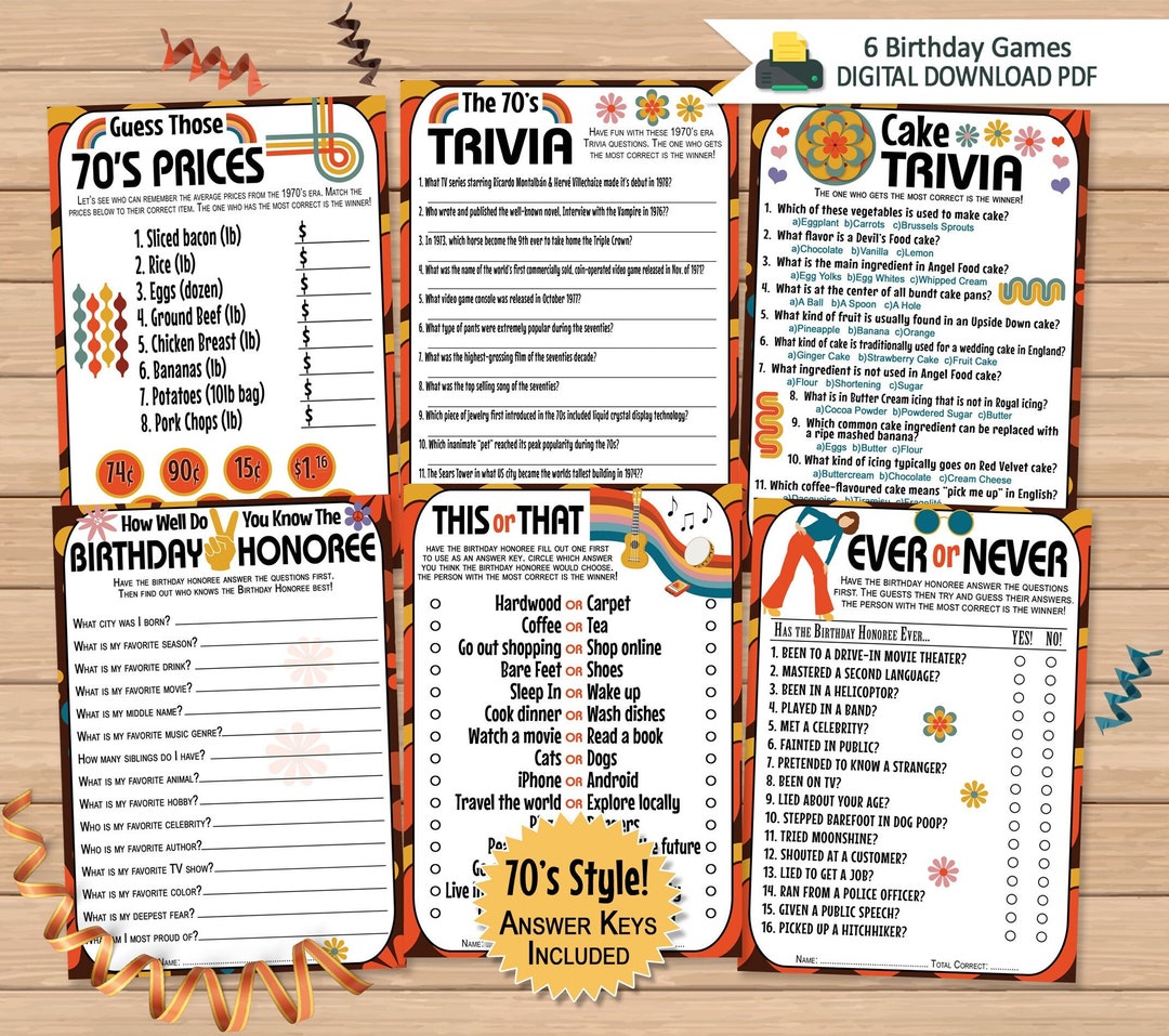 1970s Style Birthday Games Bundle 70's Trivia, Ever or Never, This or ...