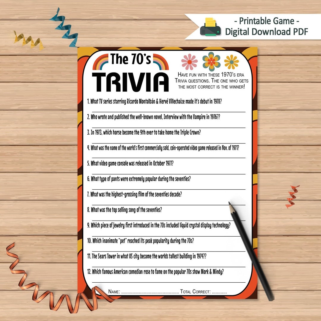 1970s Trivia Questions Game Birthday Activity 70s Trivia Quiz Printable ...
