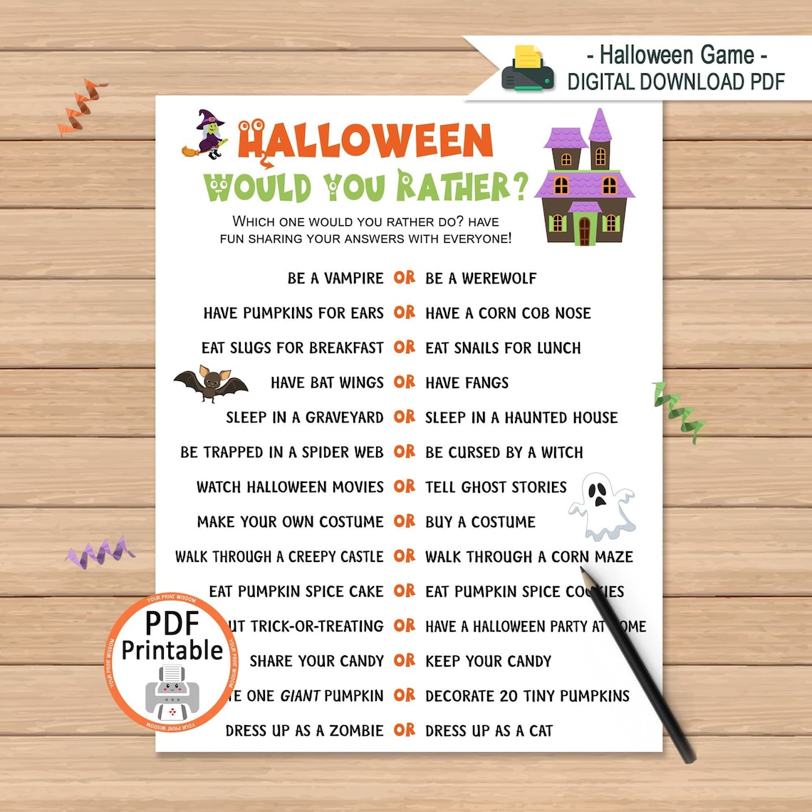 Halloween Would You Rather Game for Kids Printable Halloween Party Game ...