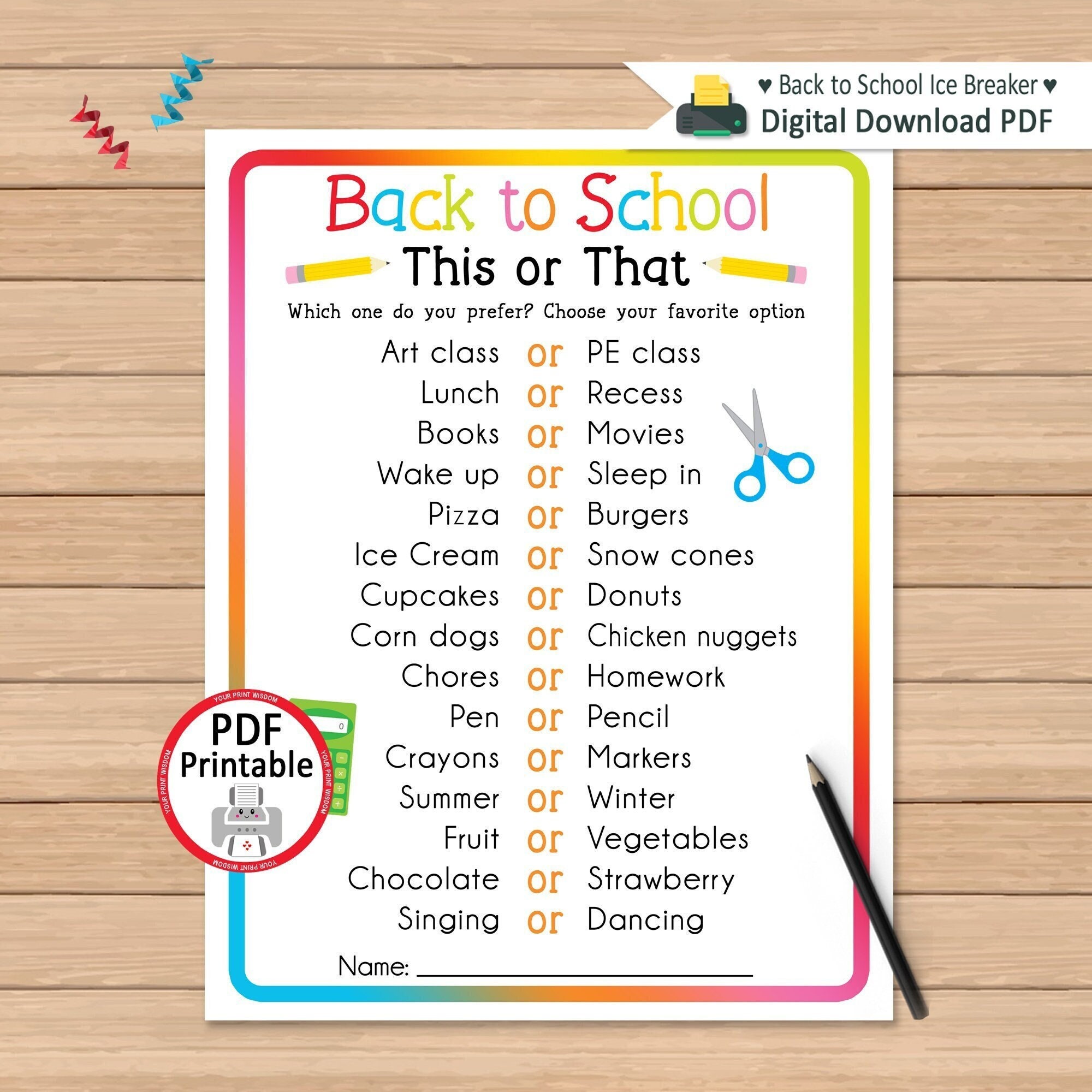 Back to School This or That Game for Kids DIGITAL DOWNLOAD Ice Breaker ...