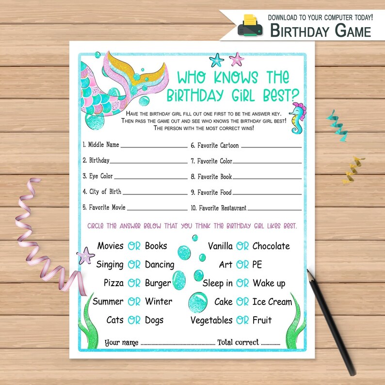 Printable Who Knows the Birthday Girl Best Mermaids Birthday ...