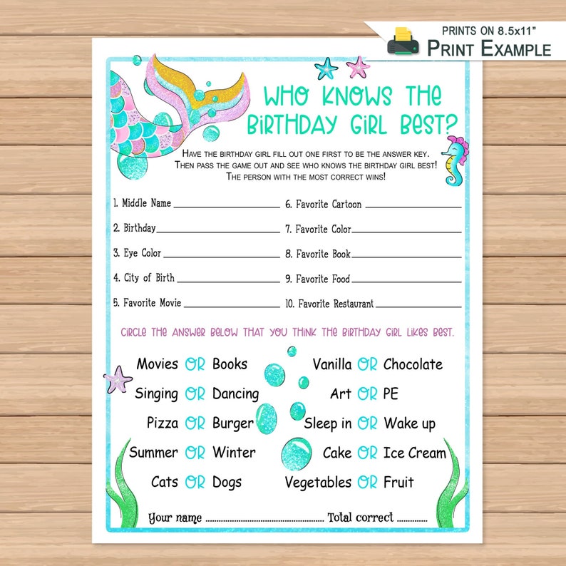 Printable Who Knows the Birthday Girl Best Mermaids Birthday ...