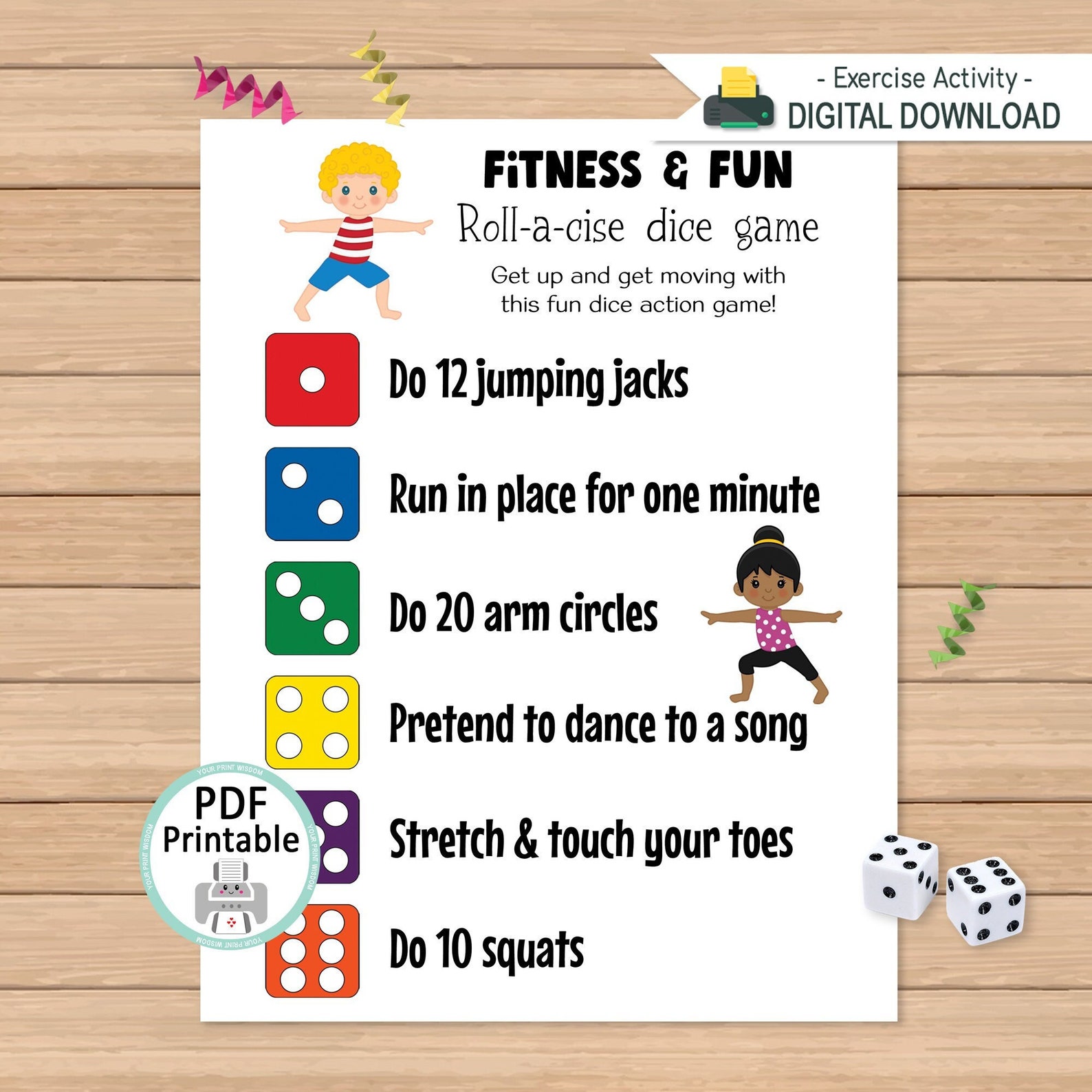 Fitness and Fun Exercise Activity for Kids Dice Game Movement Activity ...