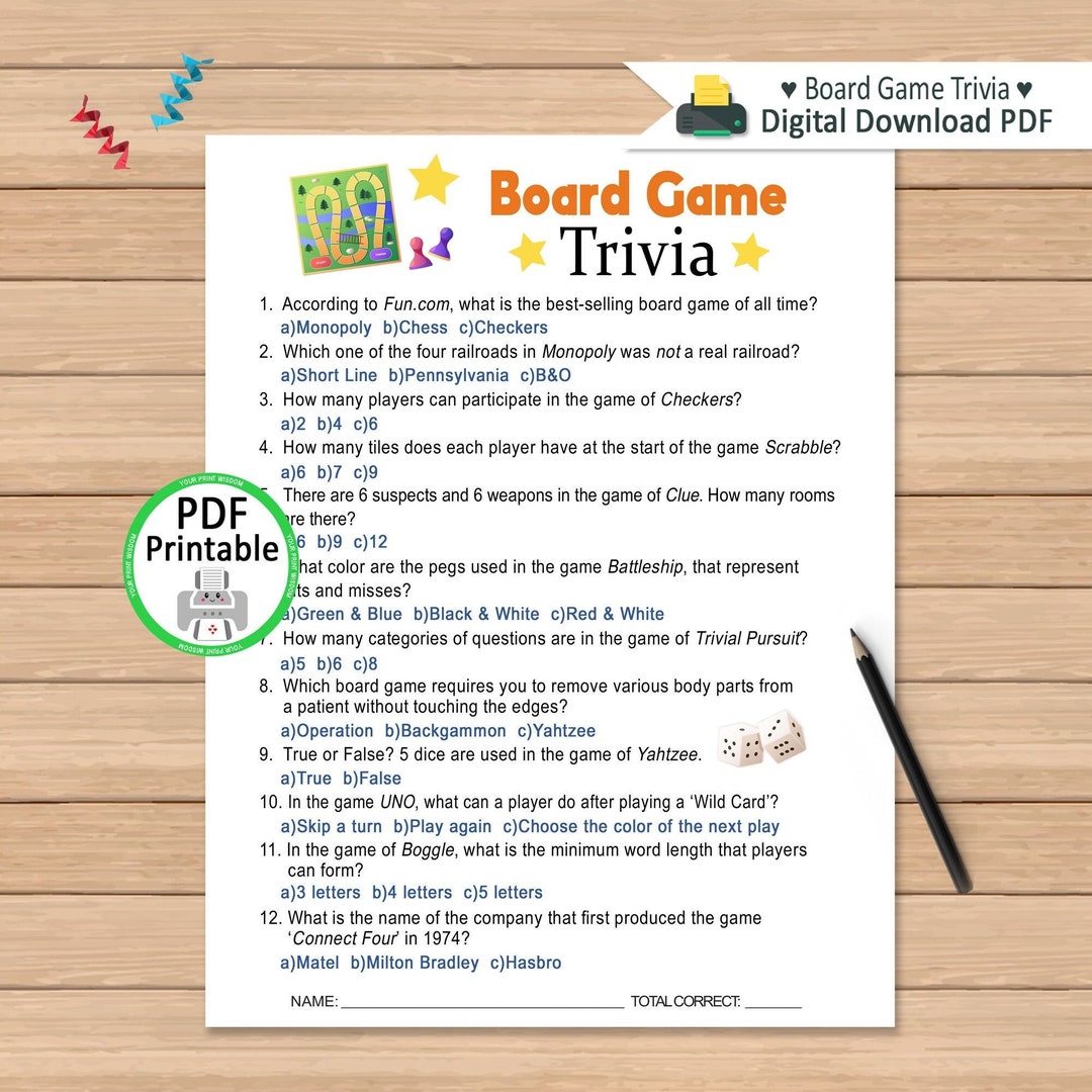 Board Game Trivia Quiz Printable Party Game Board Game Trivia Activity ...