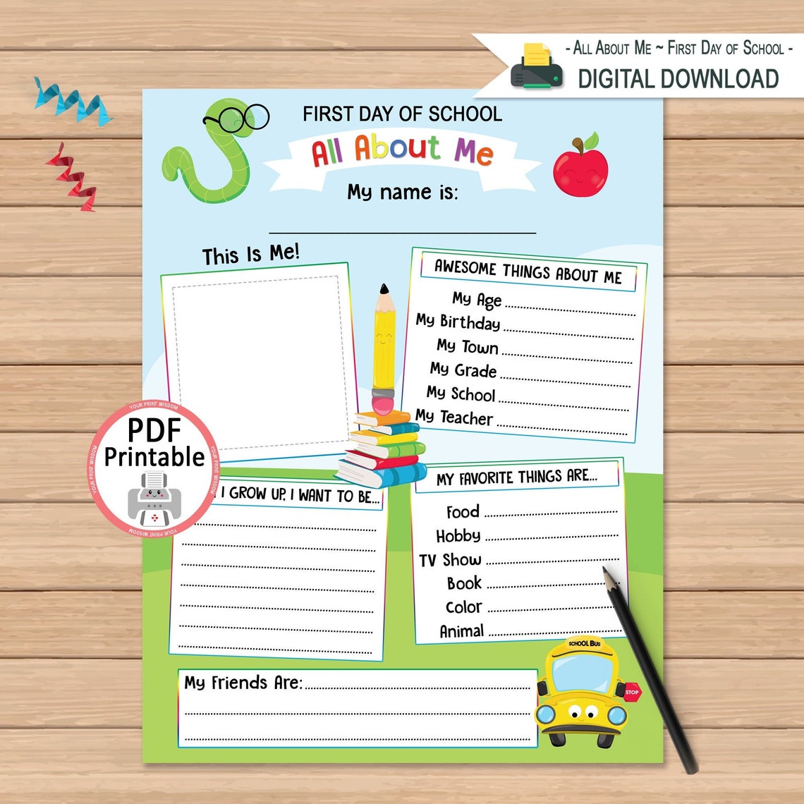 First Day of School Questionnaire All About Me Quiz Printable School ...