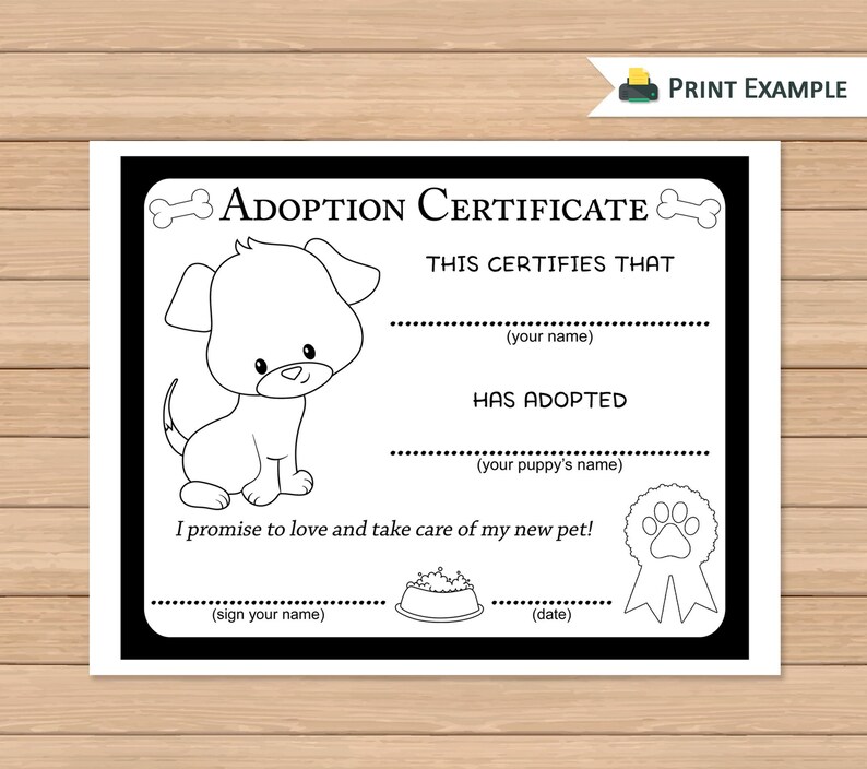 New Dog Activity Printable Set Adoption Certificate Black & White Puppy ...