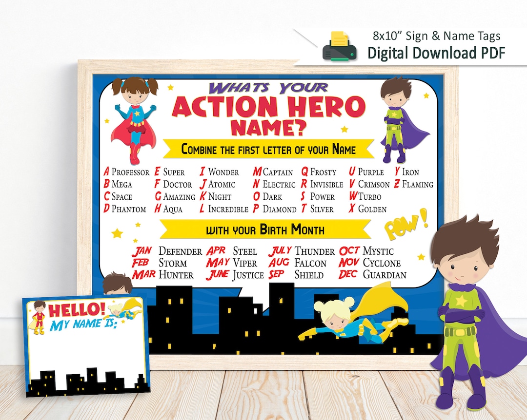 What's Your Action Hero Name Printable Sign 8x10 and Name Tags Included ...