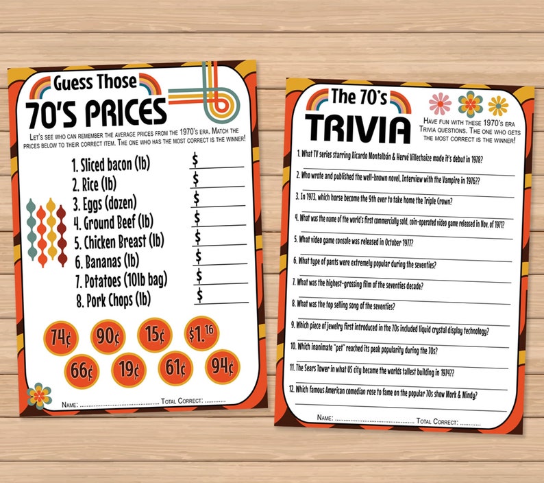 1970s Style Birthday Games Bundle 70's Trivia, Ever or Never, This or ...
