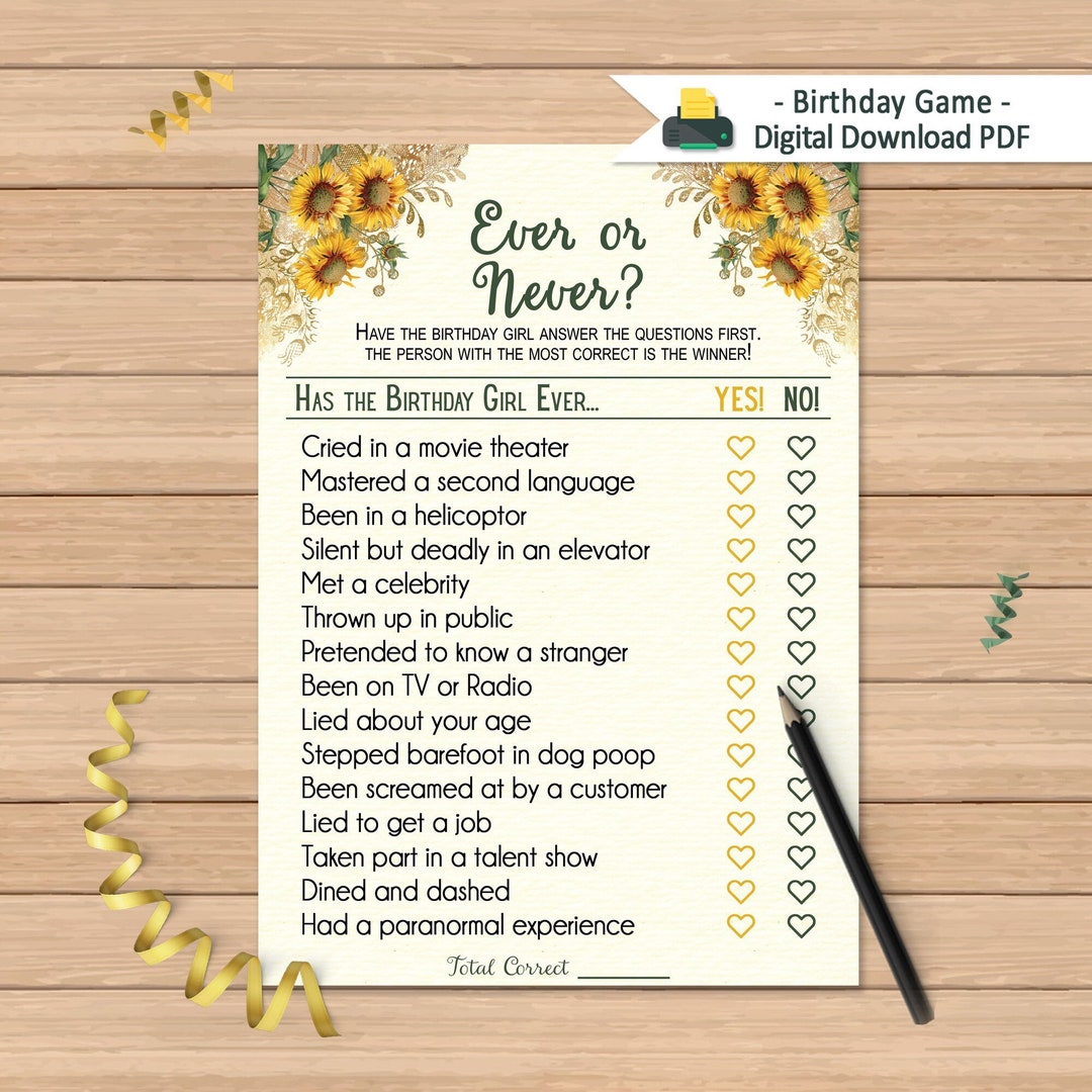Adult Ever or Never Birthday Party Game Birthday Activity Printable ...