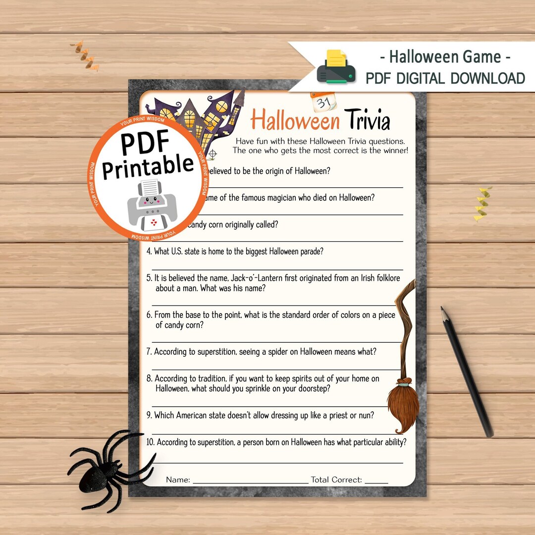 Halloween Trivia Printable Game Halloween Game Halloween Quiz for ...