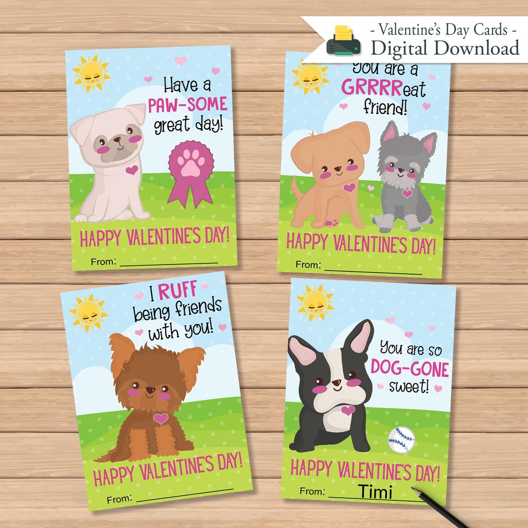 Puppy Dog Valentines Day Cards for Kids DIGITAL DOWNLOAD PDF Printable ...