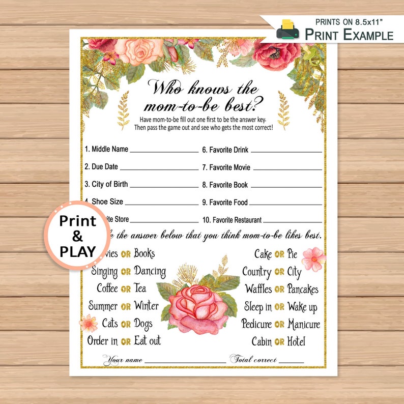 Mom-to-be Printable Game Who Knows the Mom to Be Best Peach Roses ...