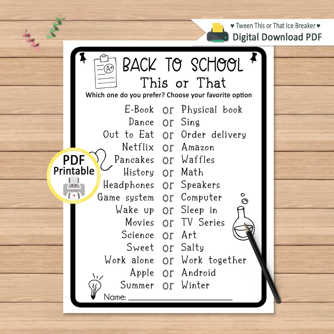 Back to School This or That Game for Tweens DIGITAL DOWNLOAD Ice ...
