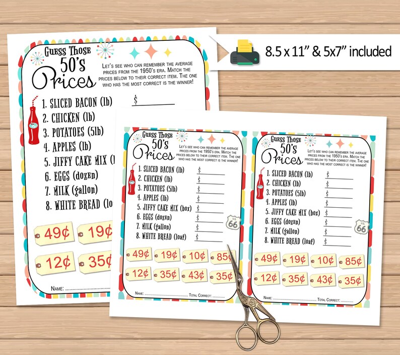 Guess Those 50's Prices Game Birthday Activity 50s Grocery Prices Quiz ...