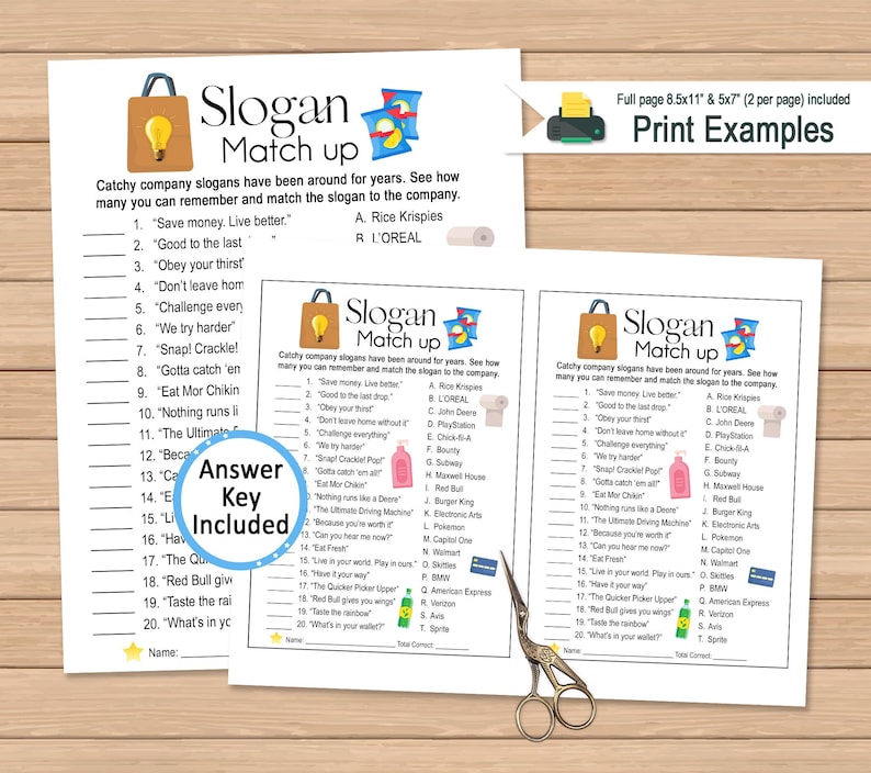 Slogan Match up Quiz Printable Party Game Company Slogans Activity Game ...