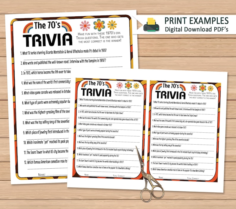1970s Trivia Questions Game Birthday Activity 70s Trivia Quiz Printable ...