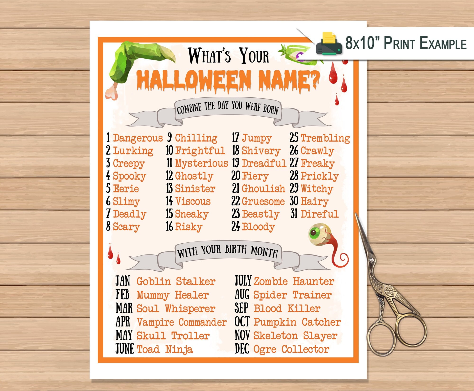 What's Your Halloween Name Printable DIGITAL DOWNLOAD 8x10 Sign & Name ...