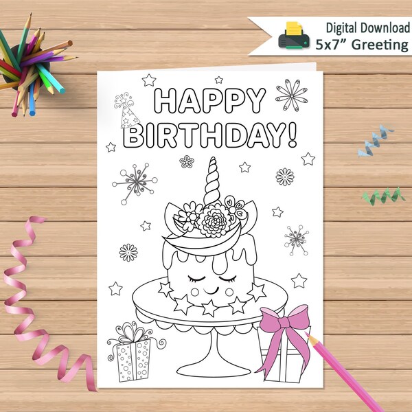 Unicorn Coloring Card - Etsy